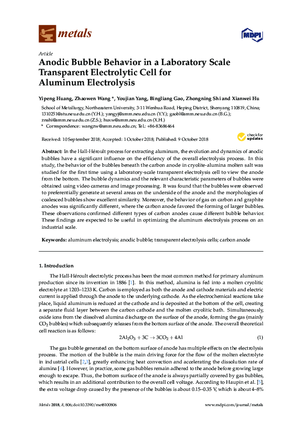 (PDF) Anodic Bubble Behavior in a Laboratory Scale Transparent ...