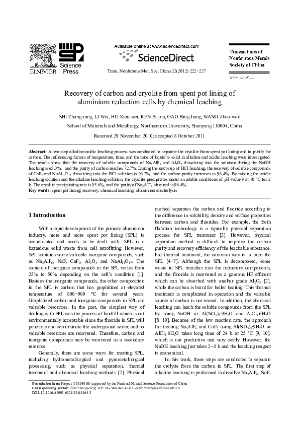 (PDF) Recovery of carbon and cryolite from spent pot lining of ...