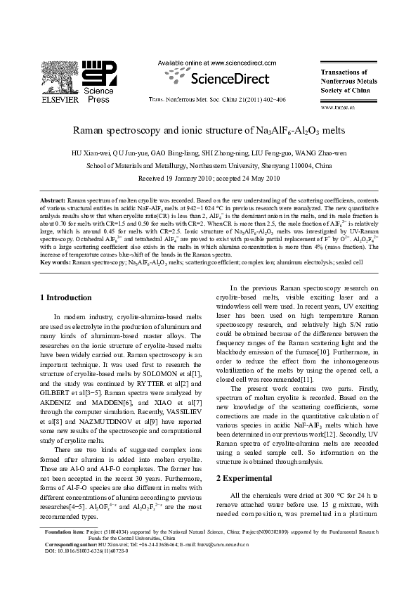 (PDF) Raman spectroscopy and ionic structure of Na3AlF6-Al2O3 melts