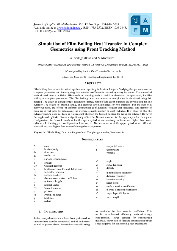 (PDF) Simulation of Film Boiling Heat Transfer in Complex Geometries using Front Tracking Method