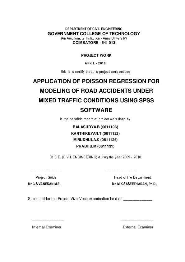 Pdf Application Of Poisson Regression For Modeling Of Road Accidents Under Mixed Traffic