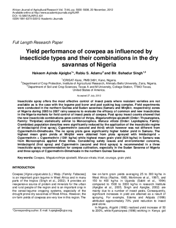 Pdf Yield Performance Of Cowpea As Influenced By Insecticide Types