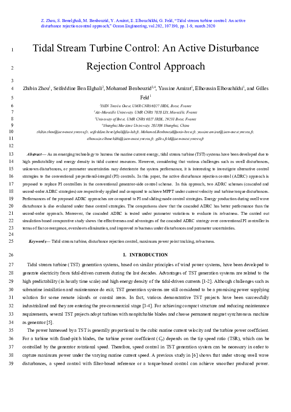 (PDF) Tidal stream turbine control: An active disturbance rejection control approach