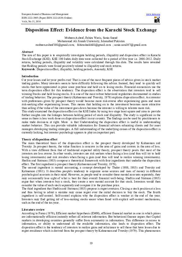 (PDF) Disposition Effect: Evidence from the Karachi Stock Exchange
