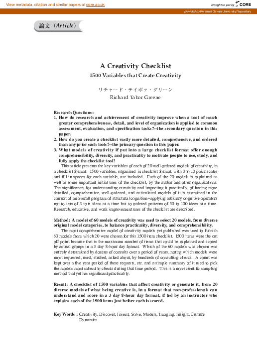 (PDF) A creativity checklist: 1500 variables that create creativity