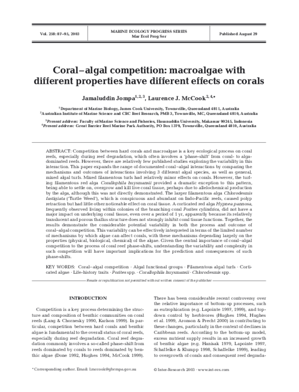 (PDF) Coral-algal competition: macroalgae with different properties ...