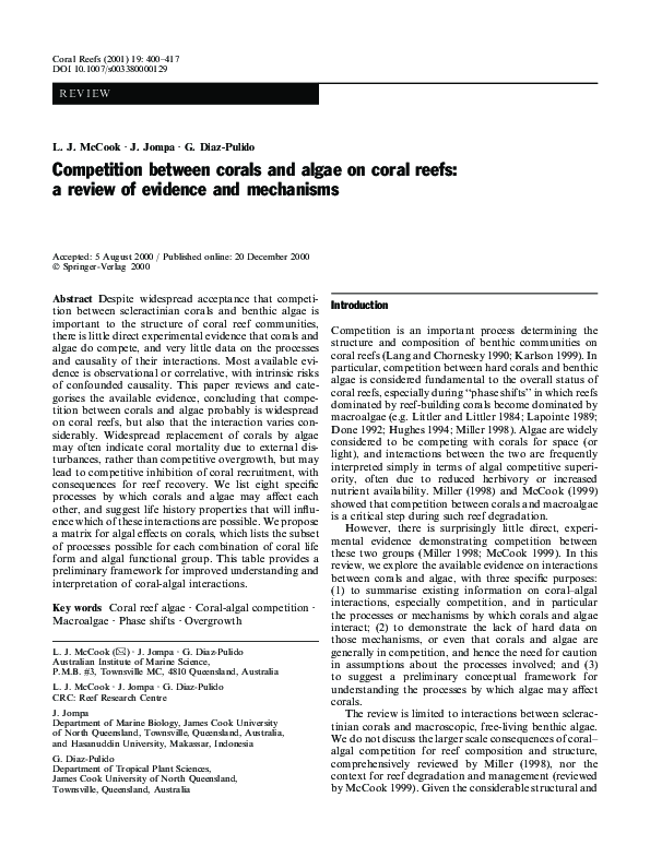 (PDF) Competition between corals and algae on coral reefs: a review of ...