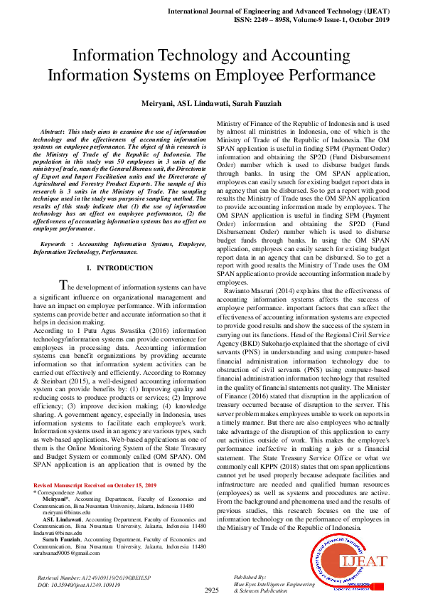 (PDF) Information Technology and Accounting Information Systems on Employee Performance