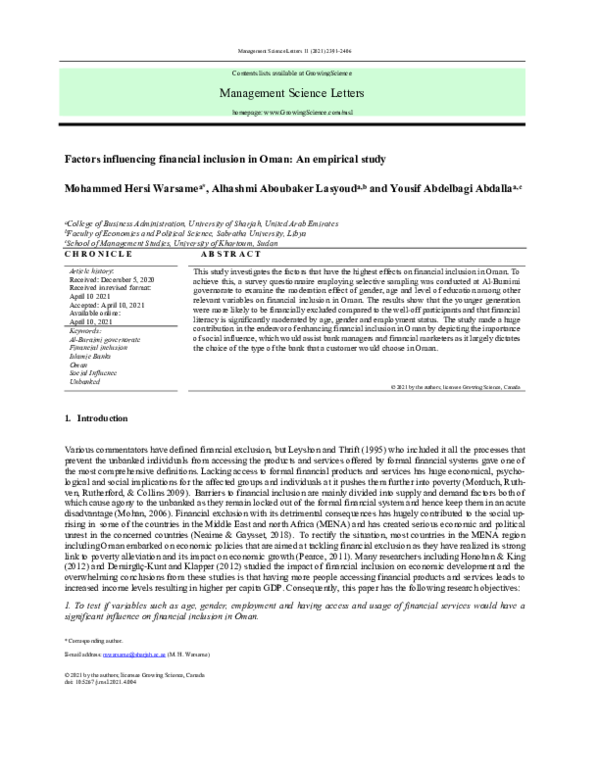 (PDF) Factors influencing financial inclusion in Oman: An empirical study (PDF) Factors influencing financial inclusion in Oman: An empirical study