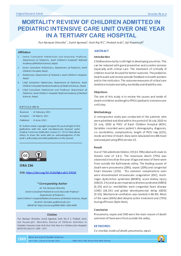 (PDF) Mortality Review of Children Admitted in Pediatric Intensive Care ...