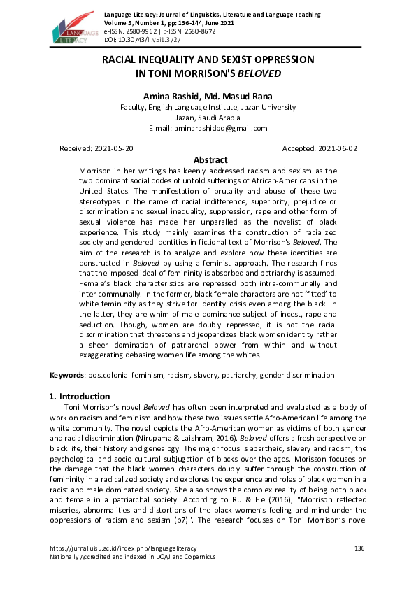 (PDF) Racial Ineeuqality and Sexist Oppression in Toni Morrison's ...