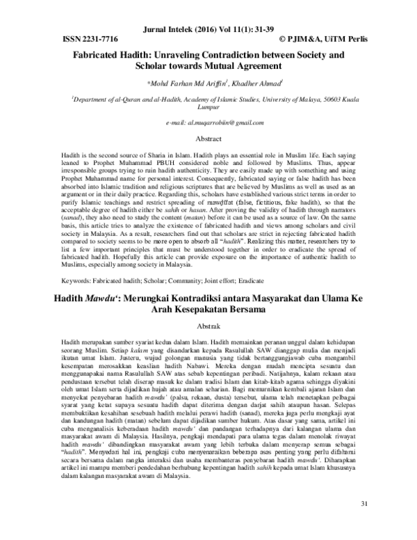 (PDF) Fabricated Hadith: Unraveling Contradiction between Society and ...