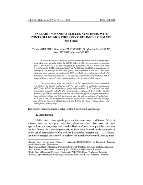 (PDF) Palladium Nanoparticles Synthesis with Controlled Morphology Obtained by Polyol Method