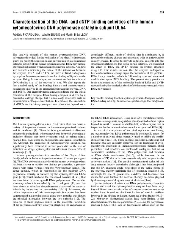(PDF) Characterization of the DNA- and dNTP-binding activities of the ...