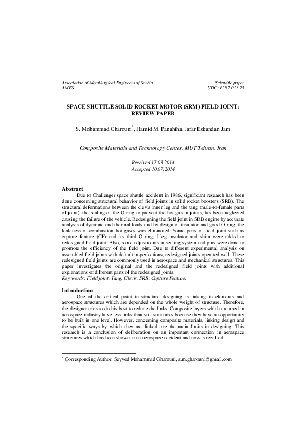 (PDF) Space shuttle SRM field joint: Review paper