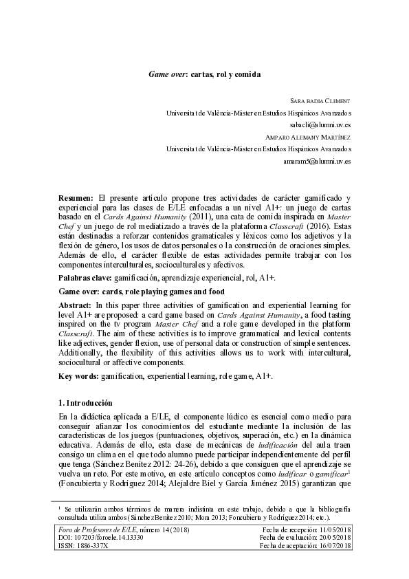 (PDF) Game over: cartas, rol y comida