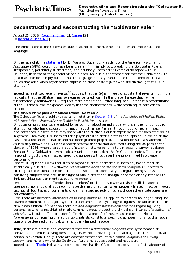 (PDF) Deconstructing and Reconstructing the “Goldwater Rule” | Ronald Pies - Academia.edu