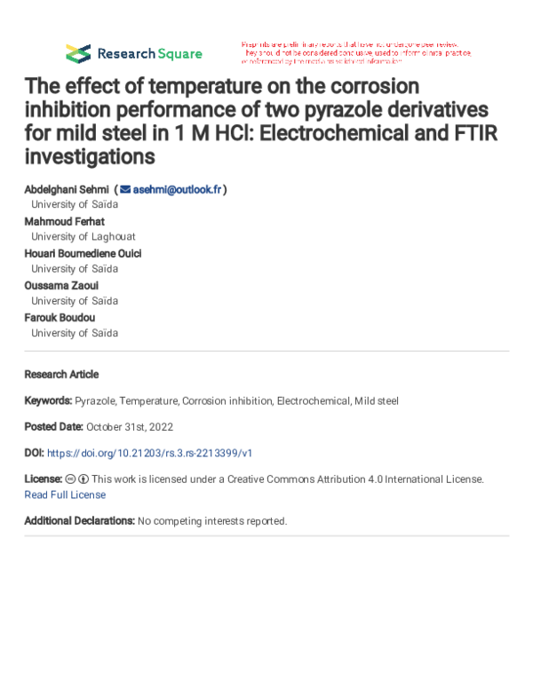 (PDF) The effect of temperature on the corrosion inhibition performance of two pyrazole ...