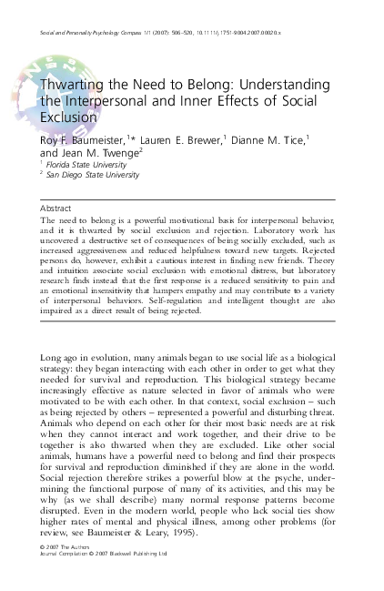 (PDF) Thwarting the Need to Belong: Understanding the Interpersonal and ...