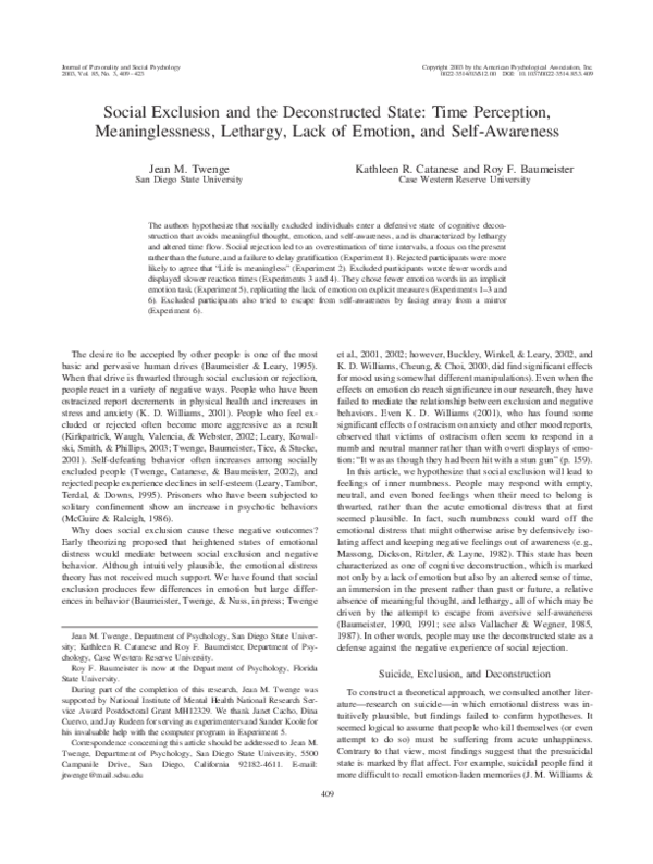 (PDF) Social Exclusion and the Deconstructed State: Time Perception, Meaninglessness, Lethargy ...
