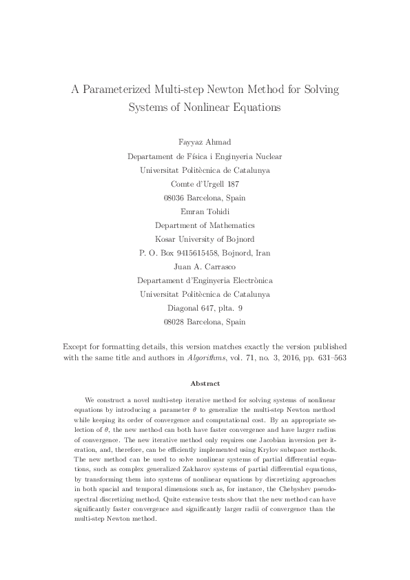 Pdf A Parameterized Multi Step Newton Method For Solving Systems Of