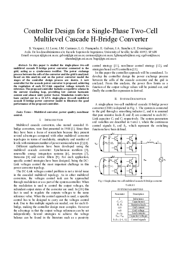 (PDF) Controller design for a single-phase two-cell multilevel cascade H-bridge converter