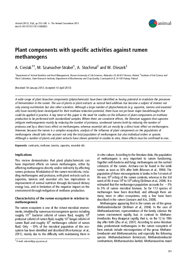 (PDF) Plant components with specific activities against rumen methanogens