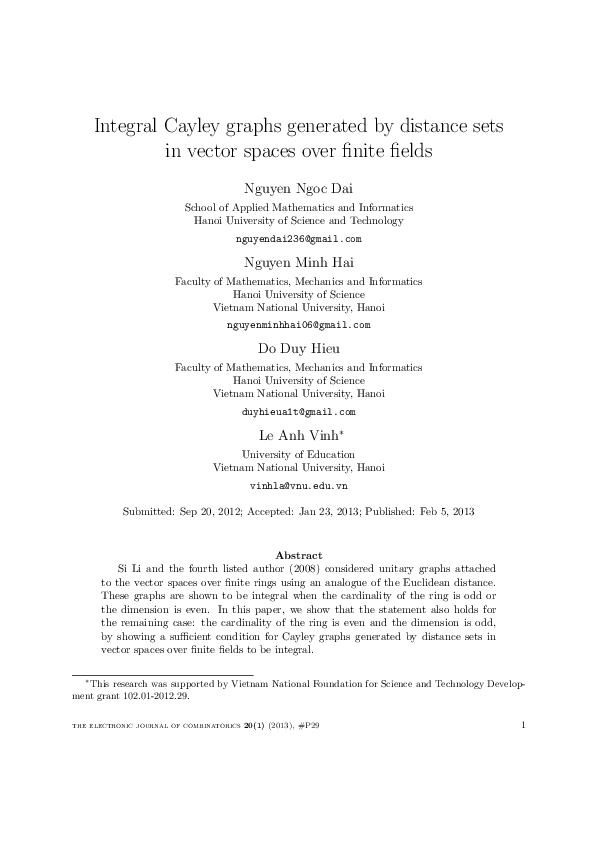 (PDF) Integral Cayley Graphs Generated by Distance Sets in Vector ...