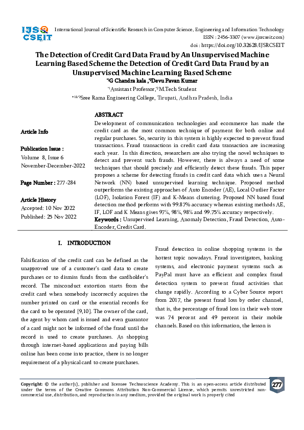 Pdf The Detection Of Credit Card Data Fraud By An Unsupervised Machine Learning Based Scheme