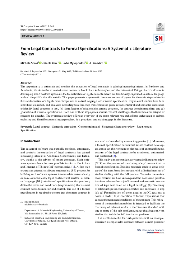 (PDF) From Legal Contracts to Formal Specifications: A Systematic ...