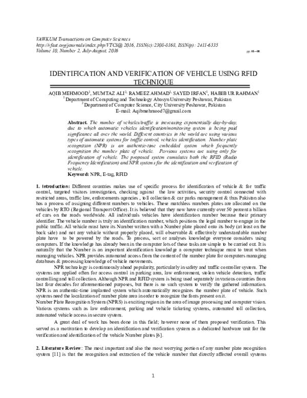 (PDF) Identification and Verification of Vehicle using RFID Technique