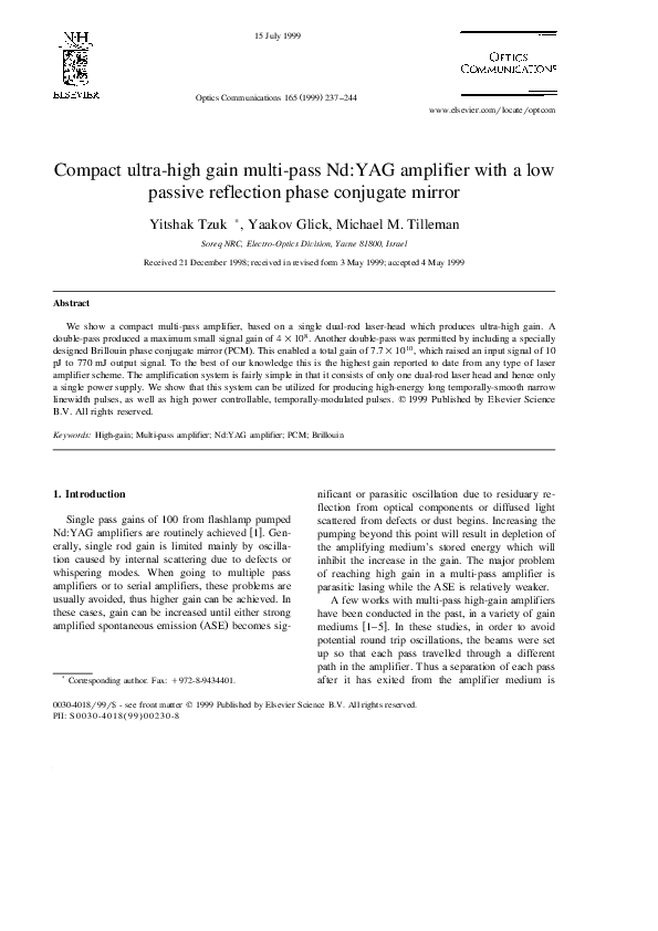 (PDF) Compact ultra-high gain multi-pass Nd:YAG amplifier with a low ...