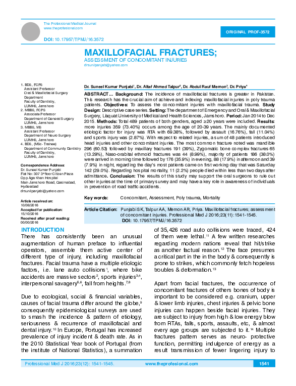 (PDF) Maxillofacial Fractures; Assessment of Concomitant Injuries