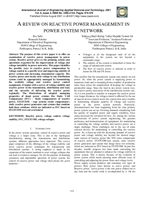 Pdf A Review On Reactive Power Management In Power System Network