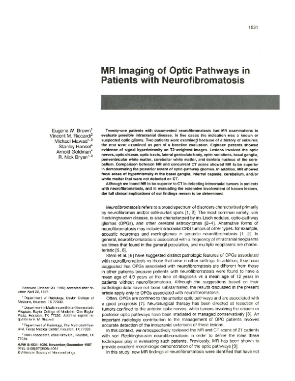 (PDF) MR Imaging of Optic Pathways in NF Patients