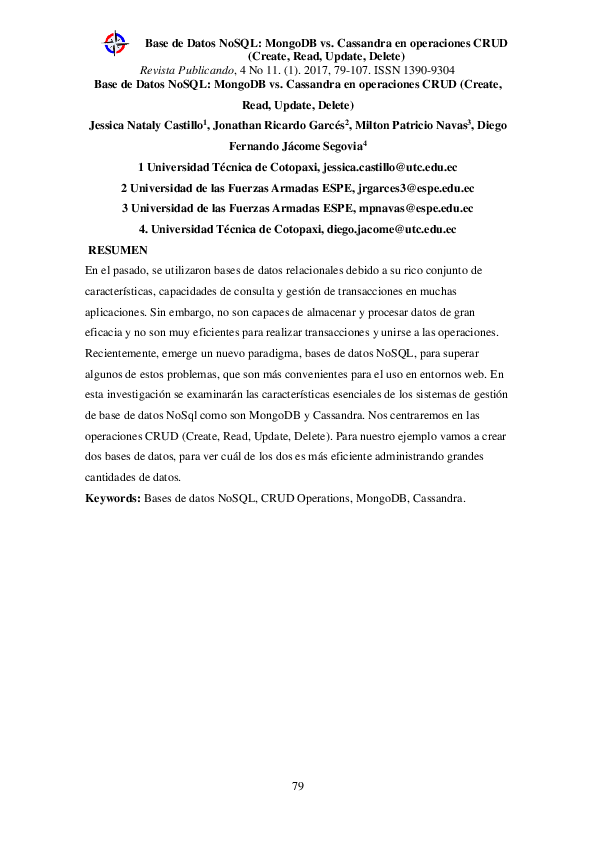 (PDF) Base de Datos NoSQL: MongoDB vs. Cassandra en operaciones CRUD (Create, Read, Update, Delete)
