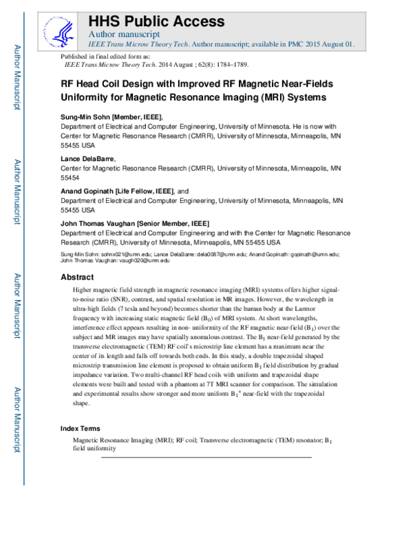 (PDF) RF Head Coil Design With Improved RF Magnetic Near-Fields ...