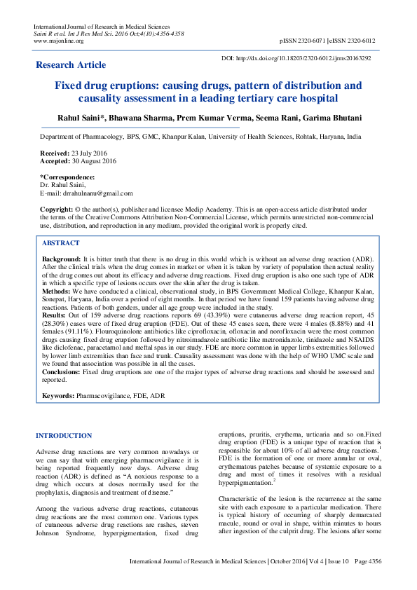 (PDF) Fixed drug eruptions: causing drugs, pattern of distribution and ...