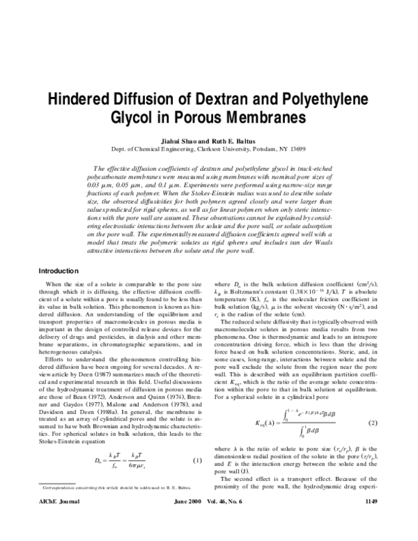 (PDF) Hindered diffusion of dextran and polyethylene glycol in porous ...