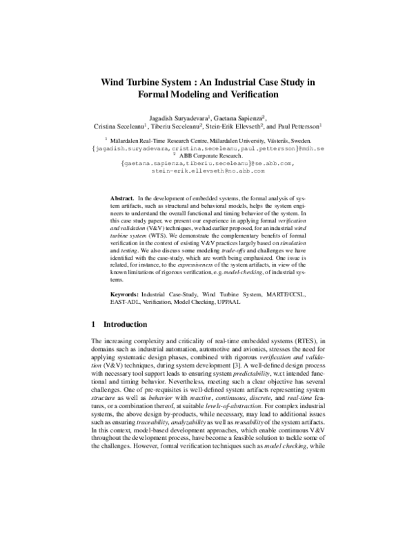 (PDF) Wind Turbine System: An Industrial Case Study in Formal Modeling and Verification