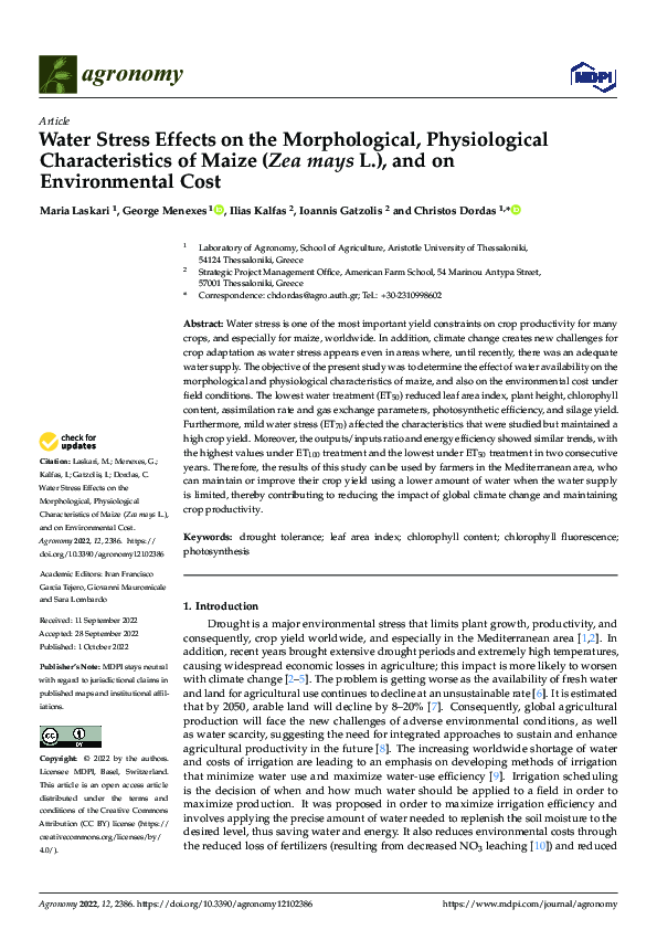 (PDF) Water Stress Effects on the Morphological, Physiological Characteristics of Maize (Zea ...