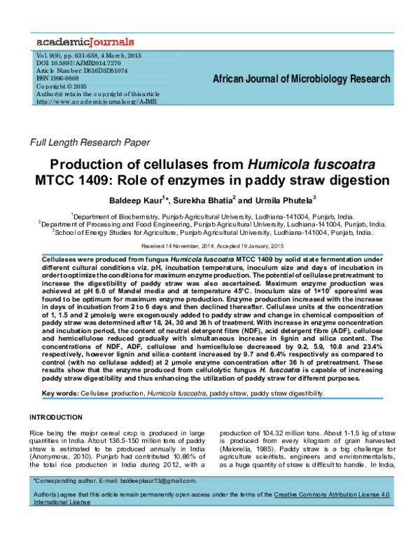 (PDF) Production of cellulases from Humicola fuscoatra MTCC 1409: Role ...