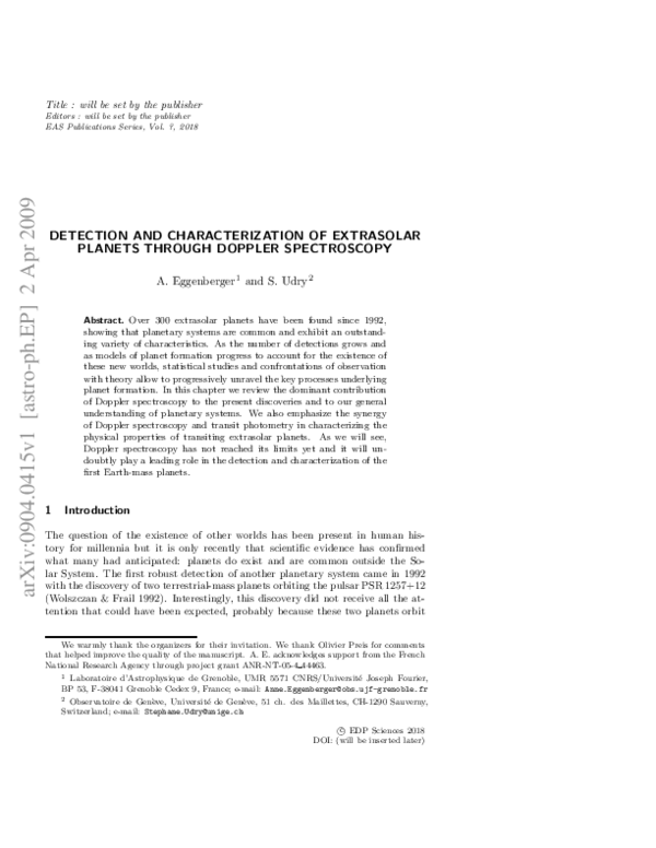 (PDF) Detection and Characterization of Extrasolar Planets through Doppler Spectroscopy