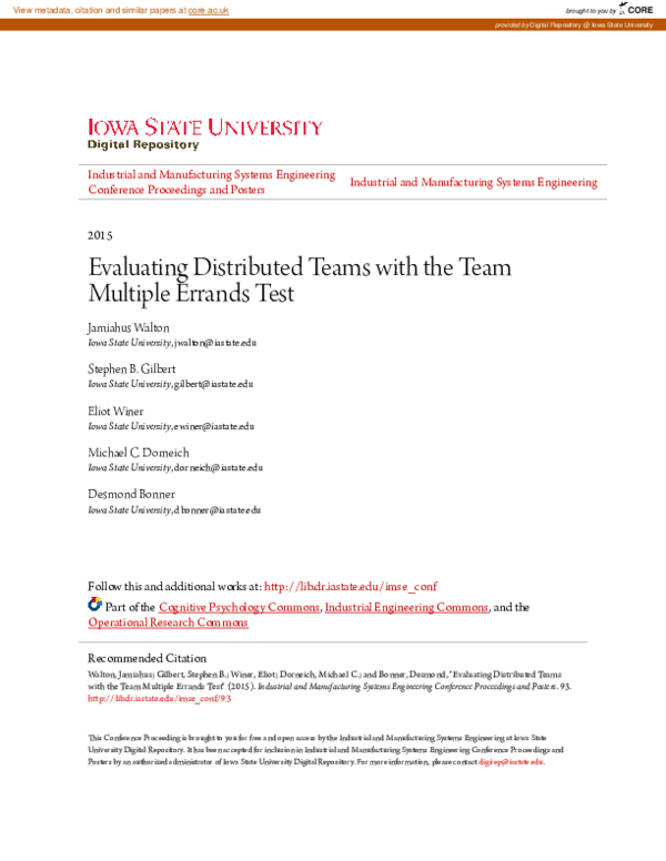 (PDF) Evaluating Distributed Teams with the Team Multiple Errands Test ...
