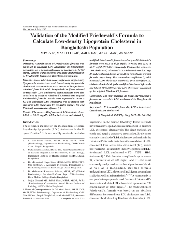 (PDF) Validation of the Modified Friedewald’s Formula to Calculate Low ...