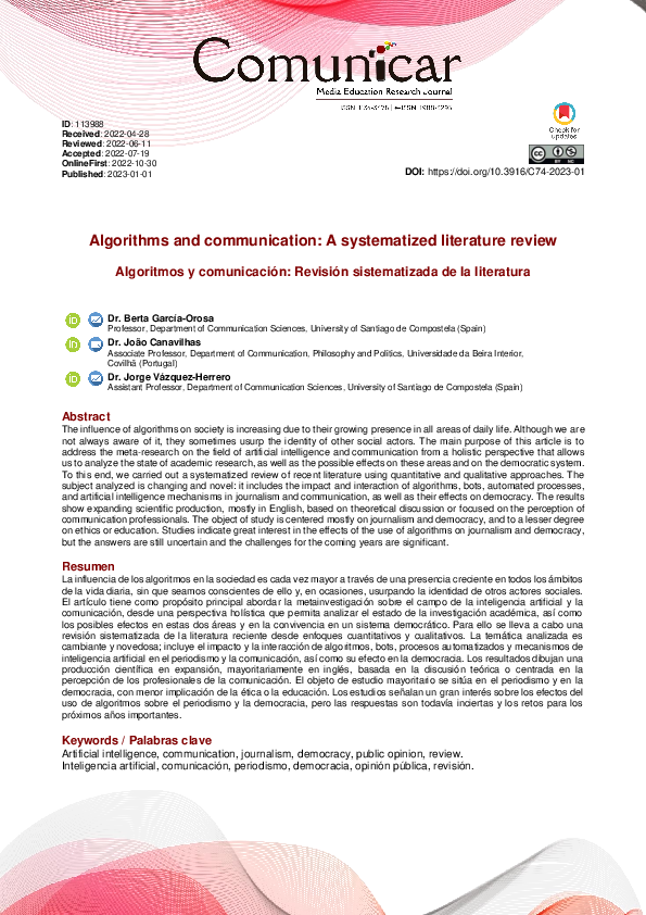 (PDF) Algorithms and communication: A systematized literature review