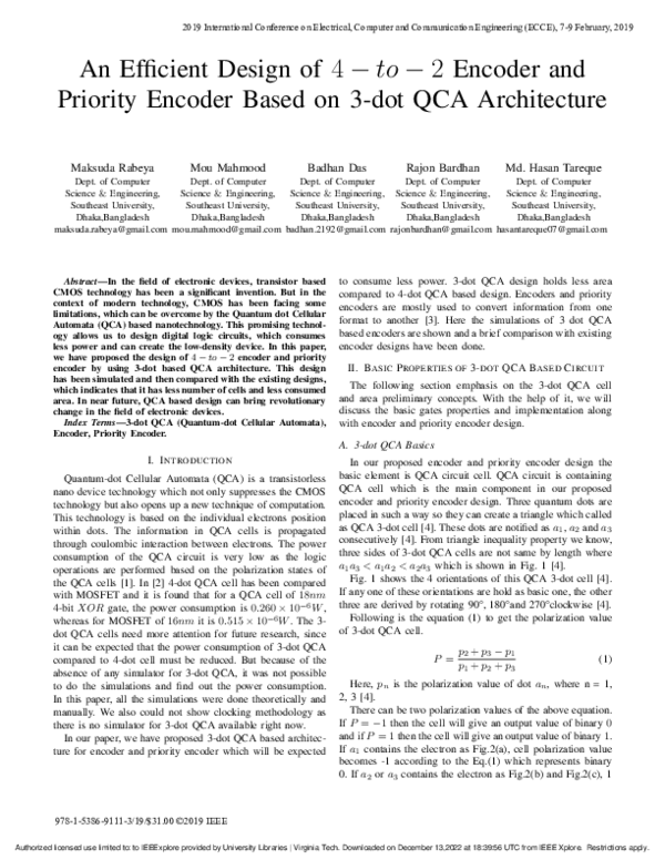 (PDF) An Efficient Design of 4 - to - 2 Encoder and Priority Encoder Based on 3-dot QCA Architecture