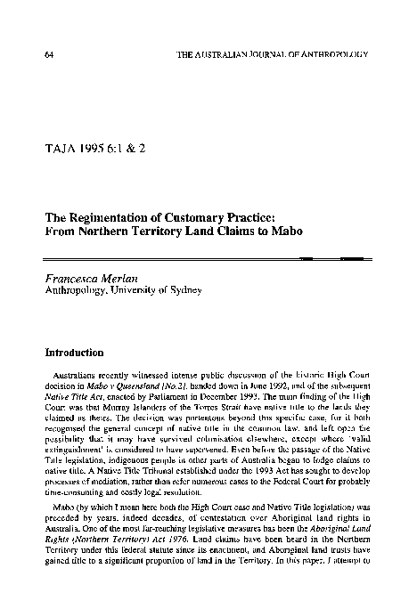 (PDF) The Regimentation of Customary Practice: From Northern Territory ...