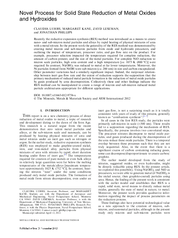 (PDF) Novel Process for Solid State Reduction of Metal Oxides and ...