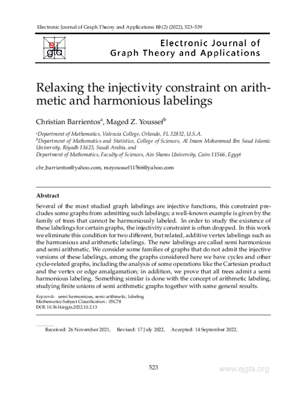 (PDF) Relaxing the injectivity constraint on arithmetic and harmonious labelings